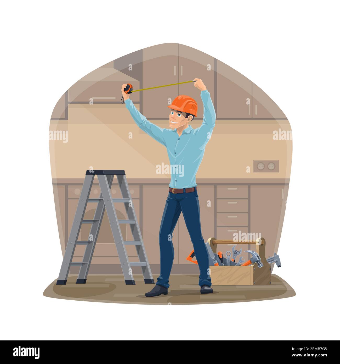Cartoon handyman or carpenter in hard hat with work tools. Toolbox with ...