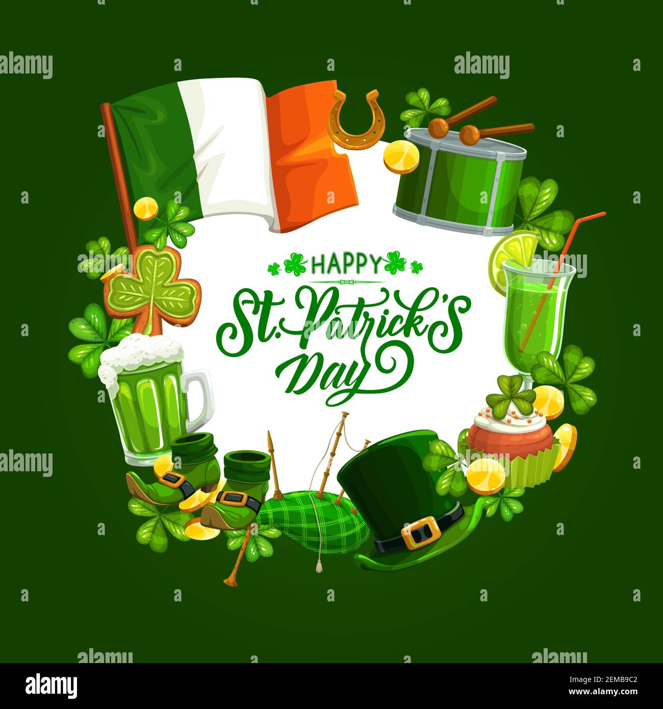 Patricks Irish holiday shamrock, leprechaun hat and gold vector ...