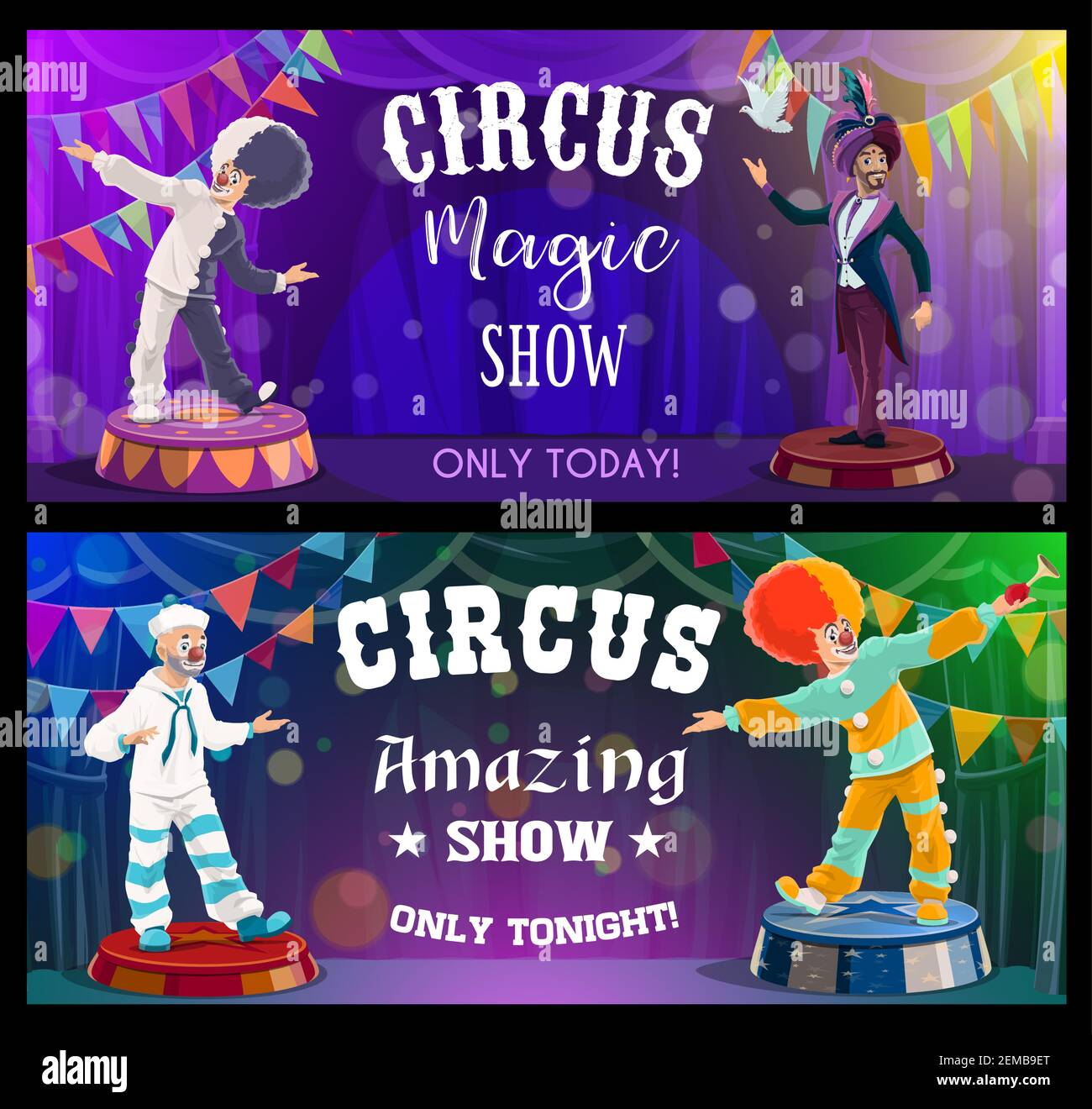 Circus show performers, funfair carnival clowns and magic festival ...