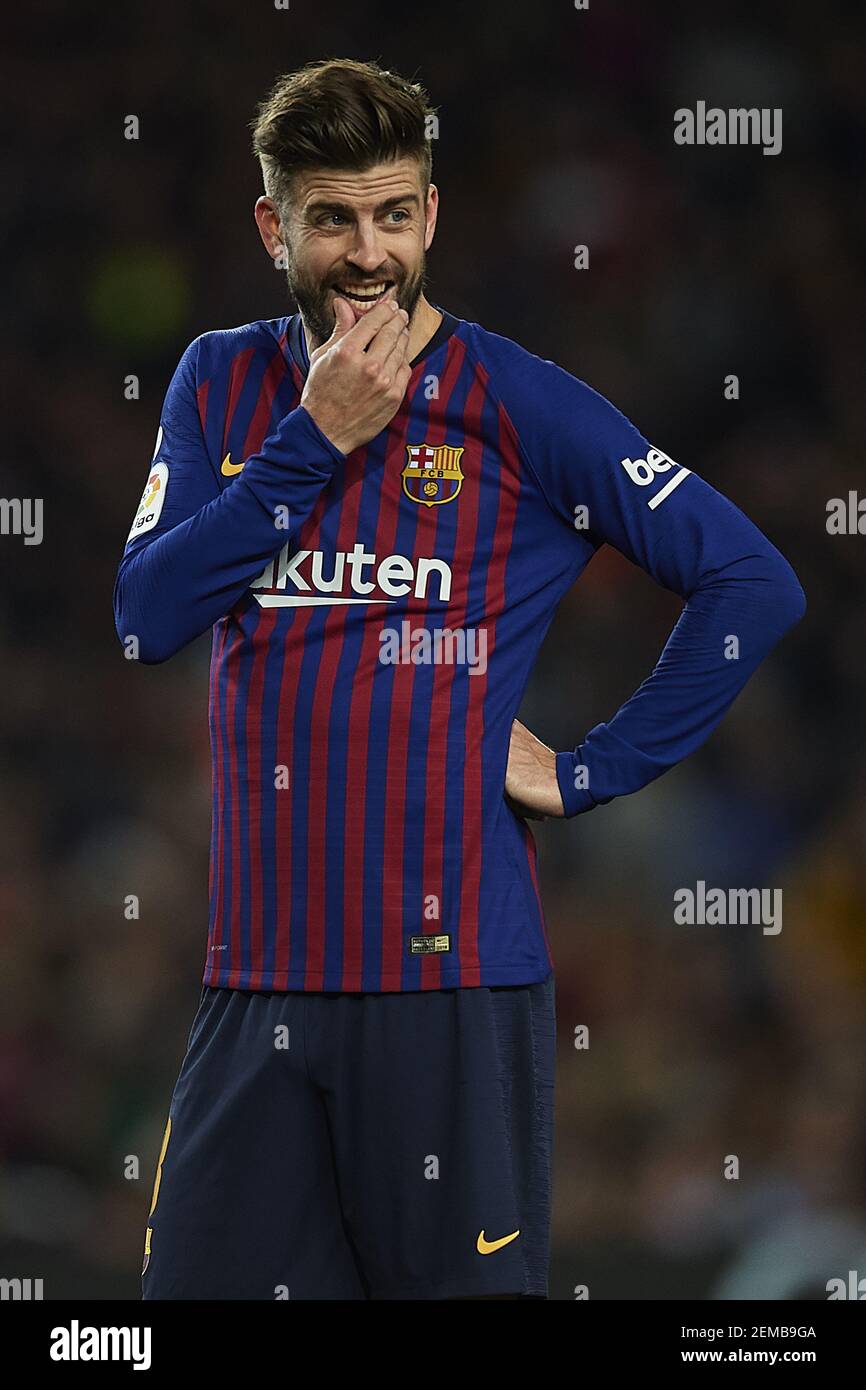Gerard Pique of FC Barcelona looks to the referee after the penalty ...