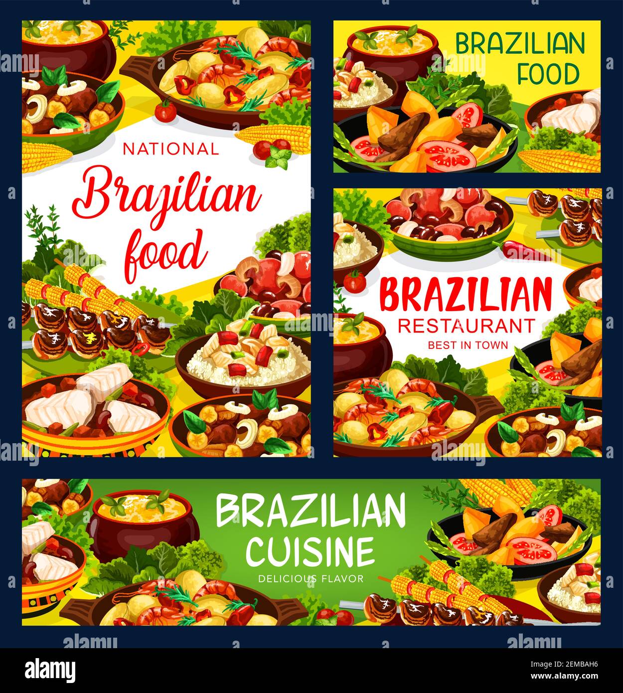 Brazilian cuisine food menu, Brazil restaurant vector meat, fish meal ...