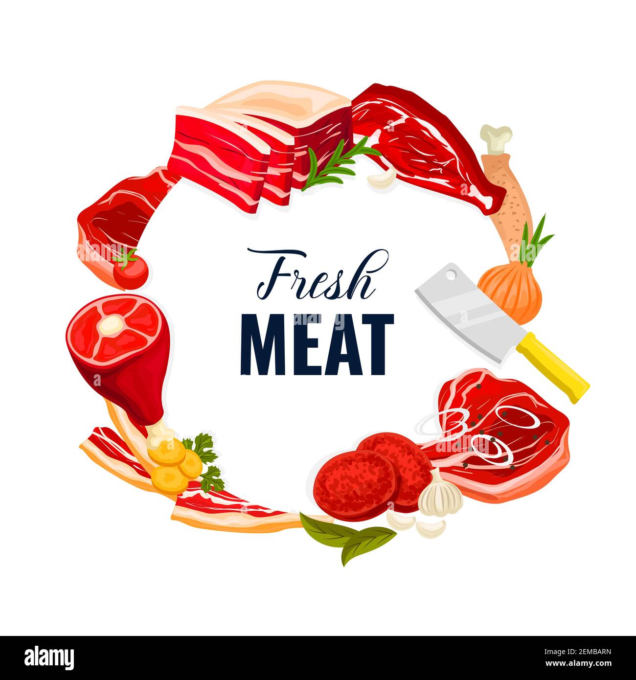 Meat vector food of beef, pork, lamb and chicken. Steaks, barbeque ribs ...