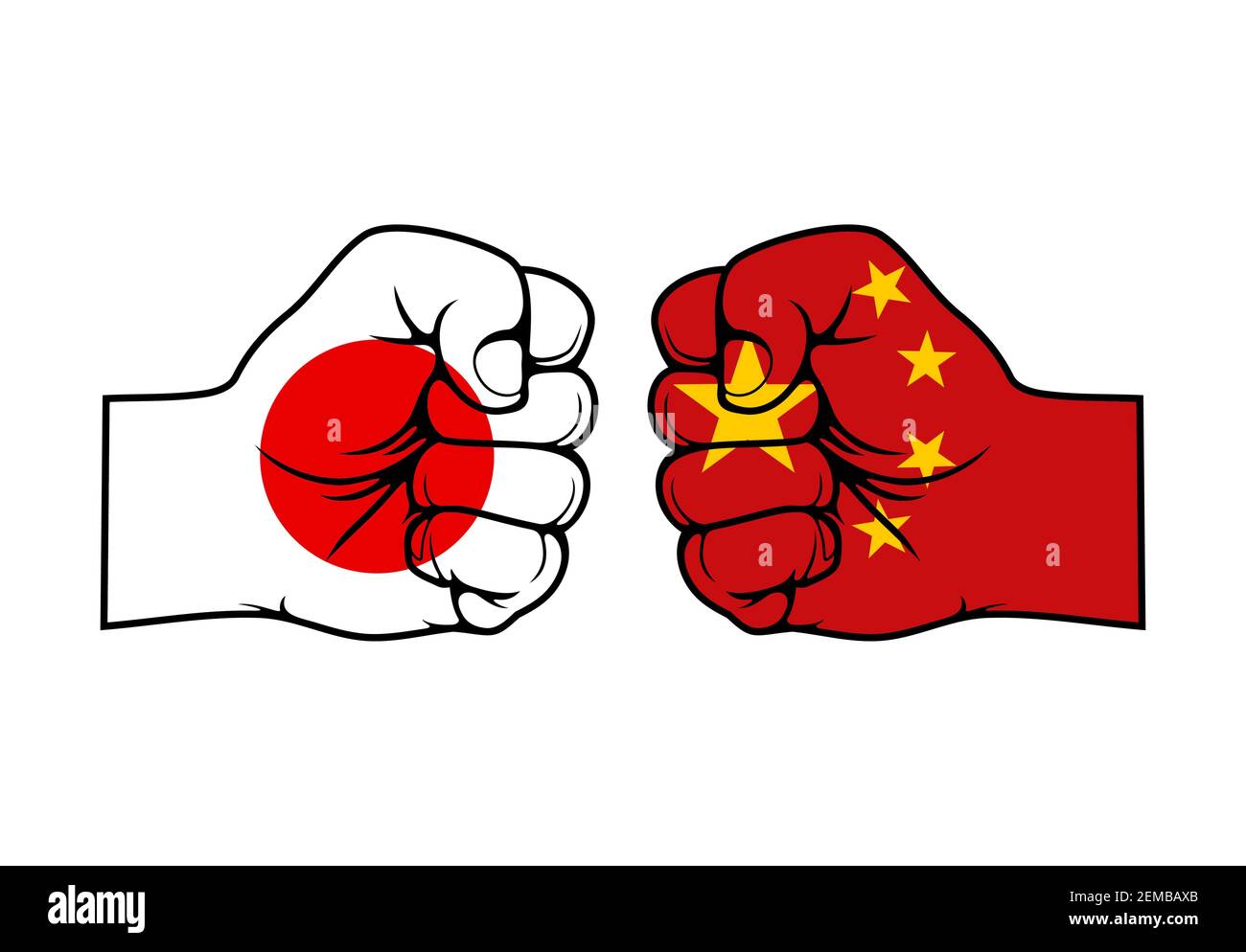 Japan and China conflict, vector fists with flags of Asian countries ...