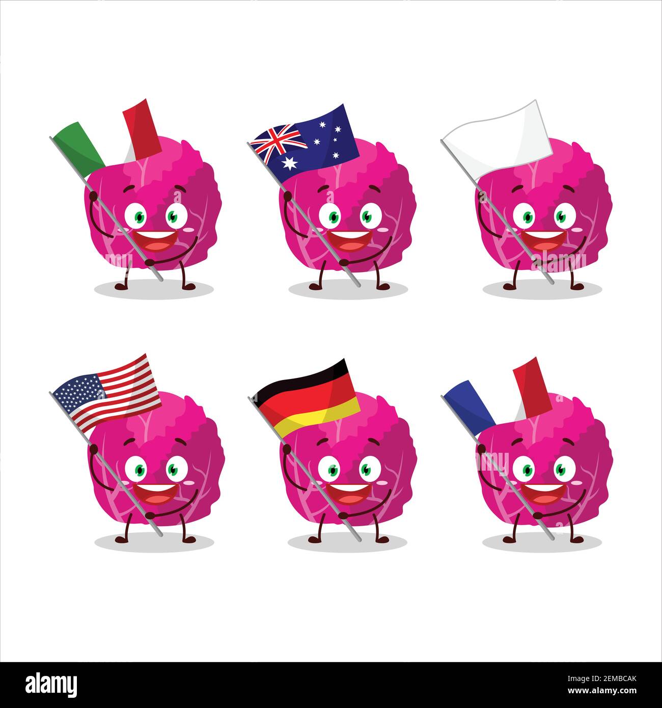 Red Cabbage Cartoon Character Bring The Flags Of Various Countries