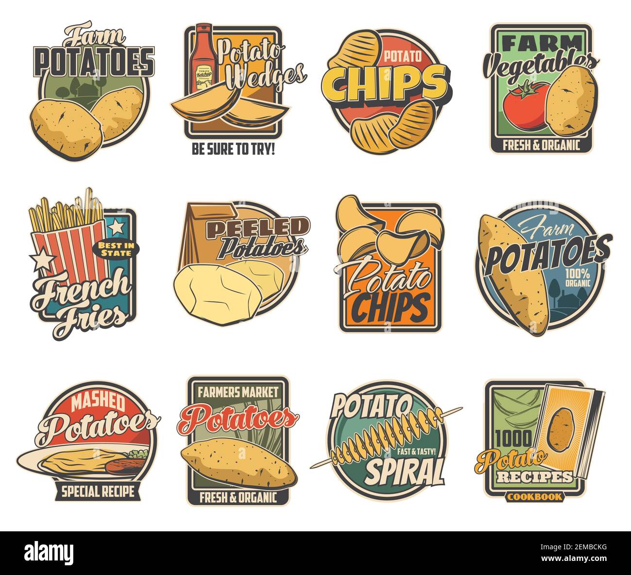 Potato products, farm and food package vector icons. Potato chips and ...