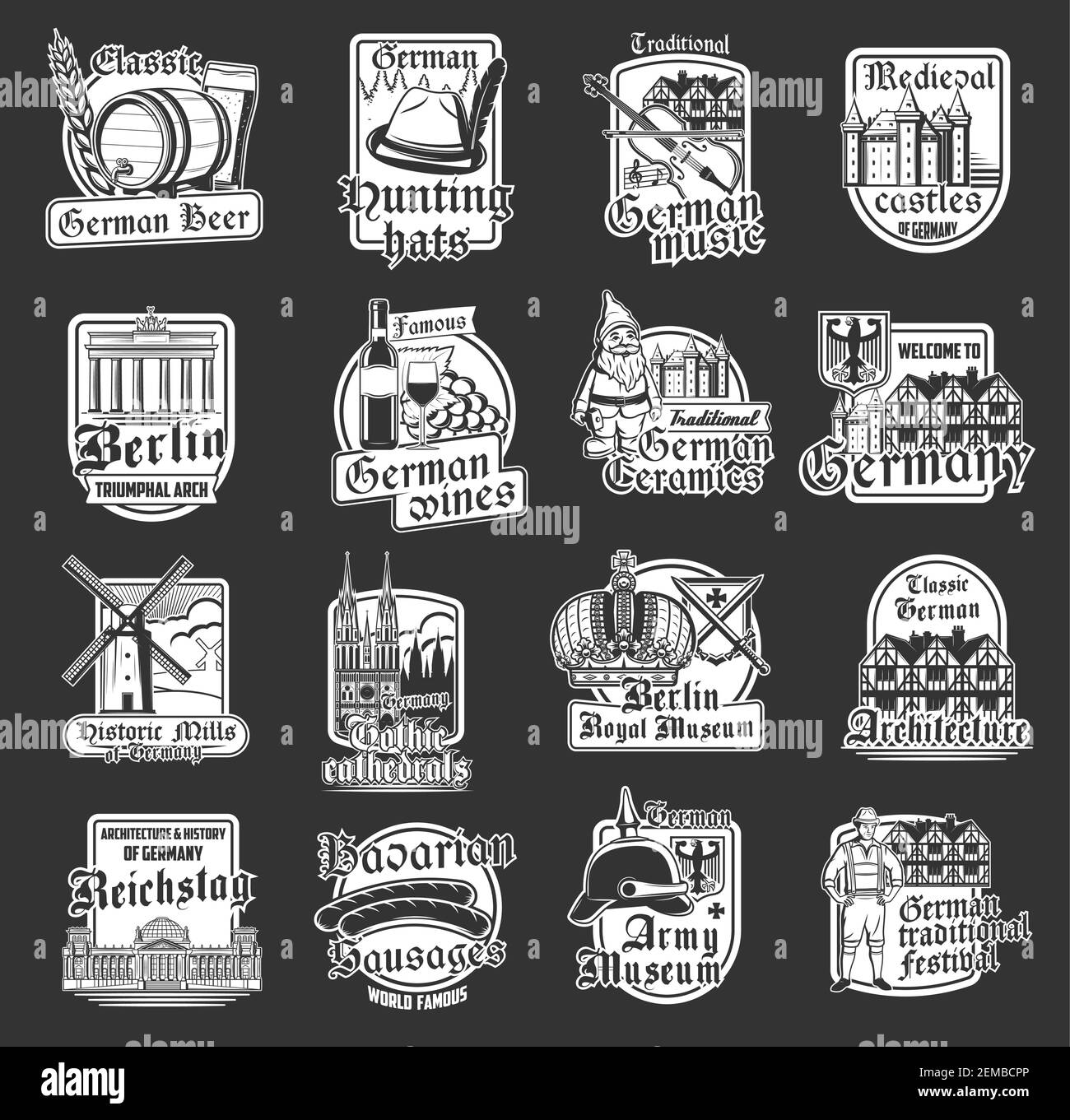 Germany isolated icons with vector German travel landmarks, beer and ...