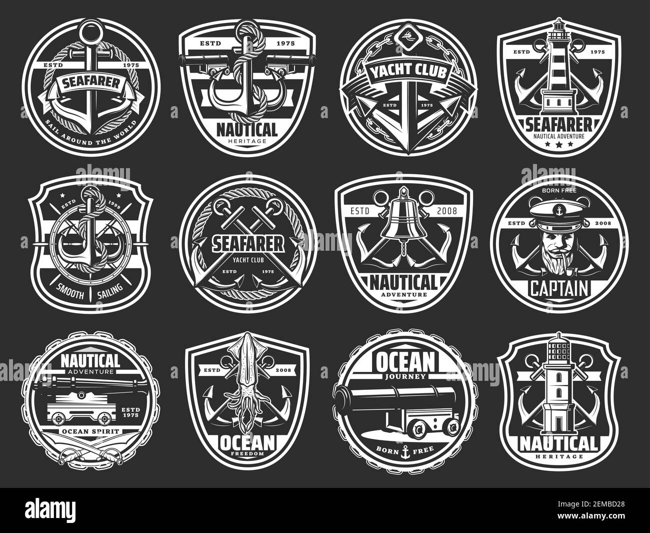 Nautical anchor, helm and rope isolated vector icons. Sea ship and ...