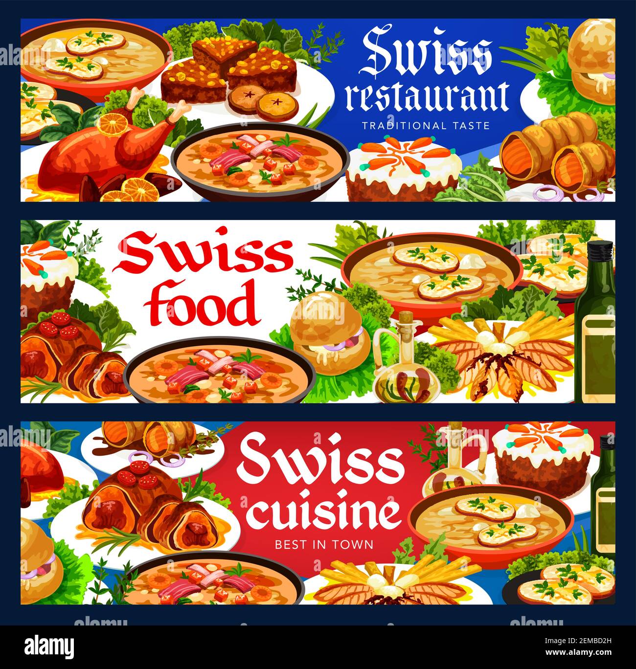 Swiss food cuisine vector chicken in dough, duck with orange and bread ...