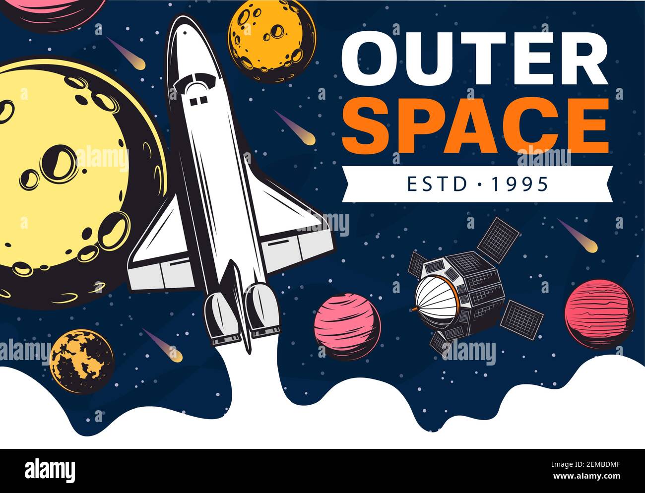 Outer space with vector spaceship, satellite and galaxy universe ...