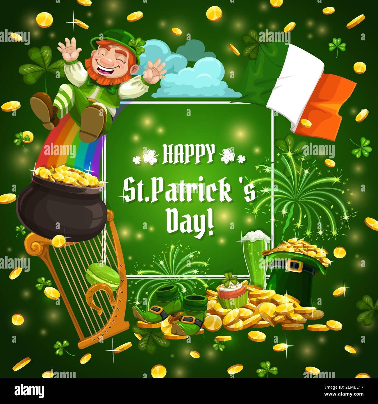 Patricks Day leprechaun with pot of gold on rainbow, vector greeting ...