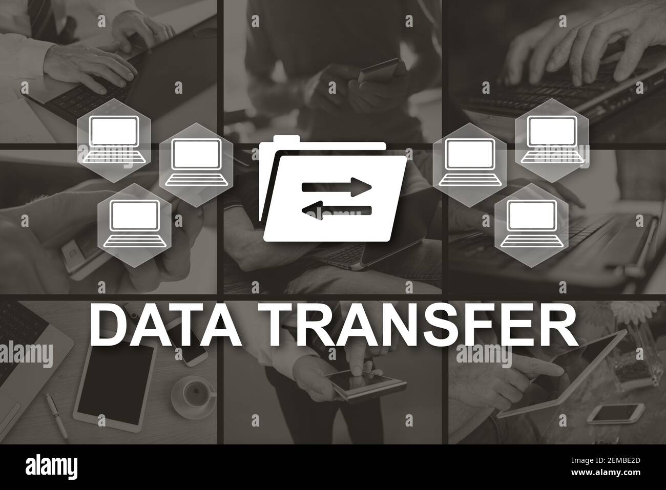 Data transfer concept illustrated by pictures on background Stock Photo ...