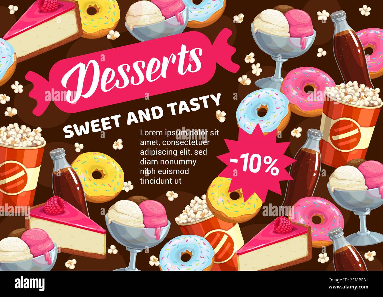 Sweet desserts, donuts, cakes, pastry and patisserie vector poster ...