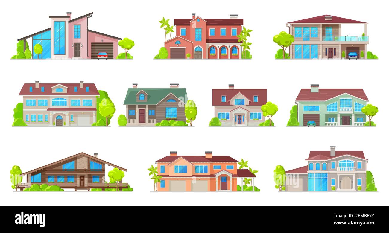 Real estate house vector icons with isolated buildings of residential ...