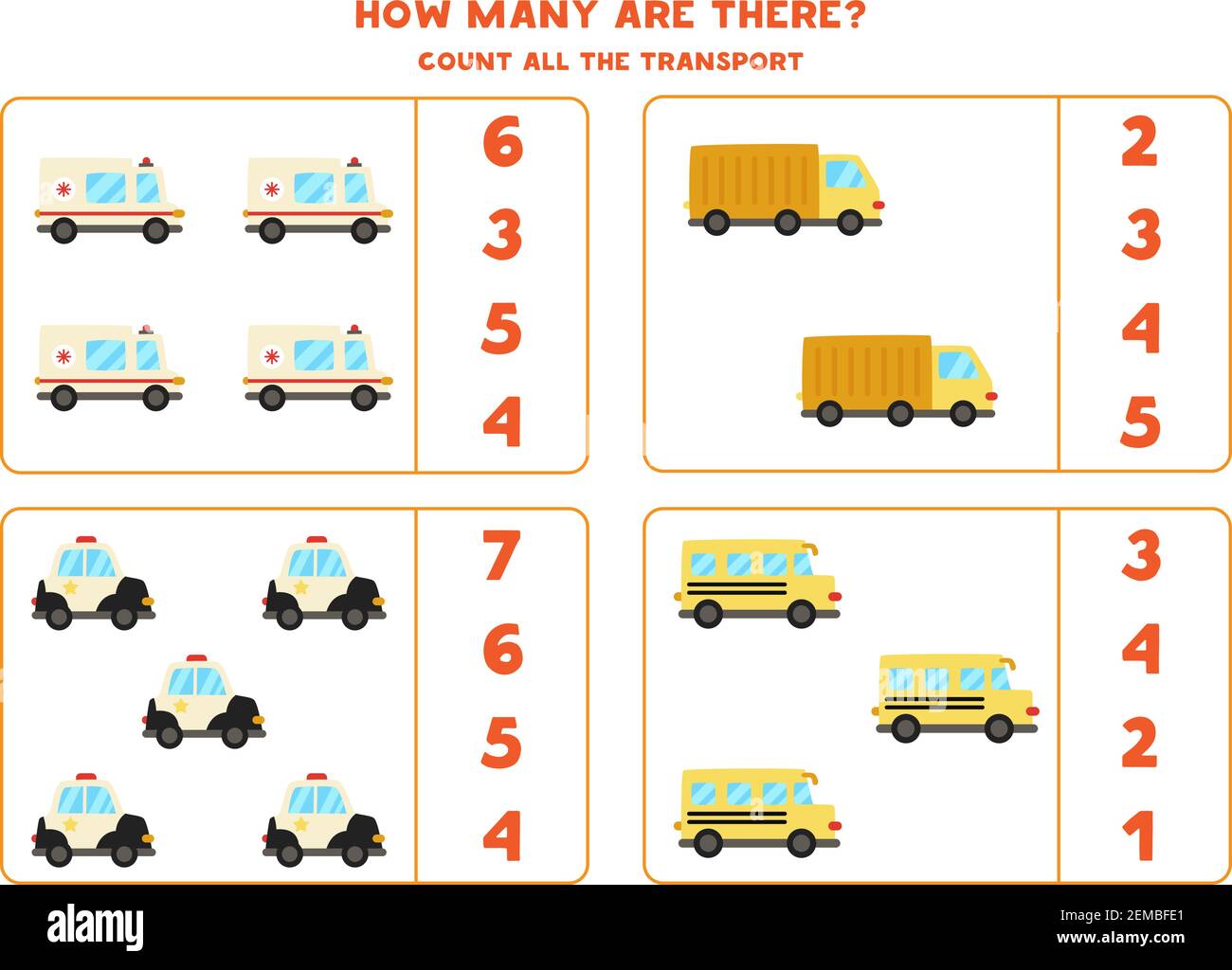 Count all transportation means and circle the right answer. Math game ...