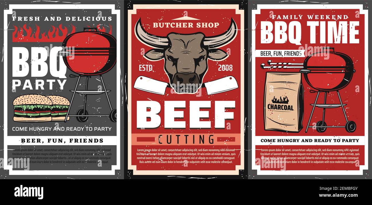 Barbecue grill and meat food retro posters of bbq party. Vector beef ...
