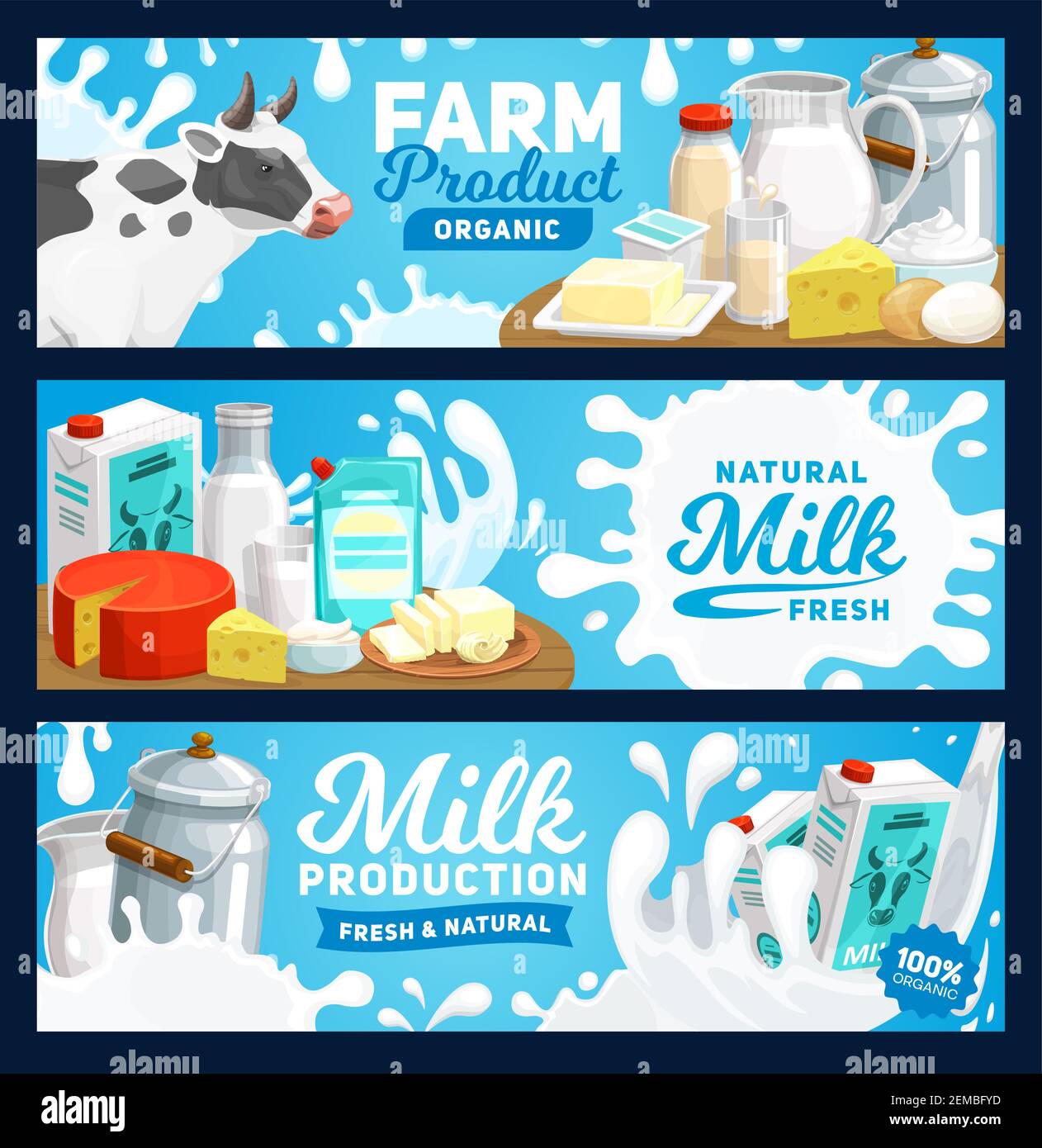 Dairy milk product banners, farm food cheese, yogurt and butter ...