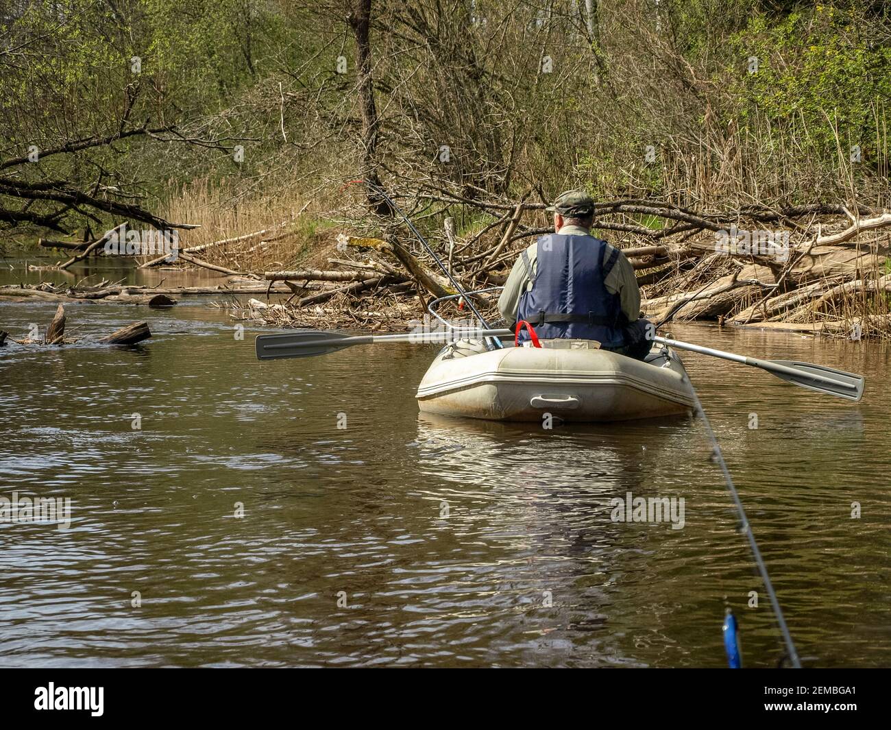 landscape with wild river, boat fisherman, spring landscape Stock Photo ...