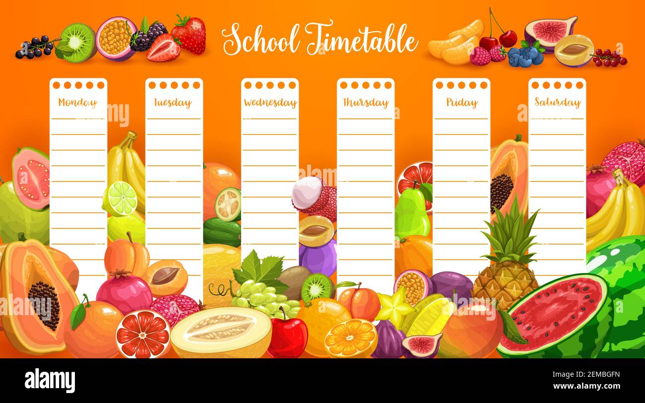 School timetable lessons weekly planner with tropical fruits and ...