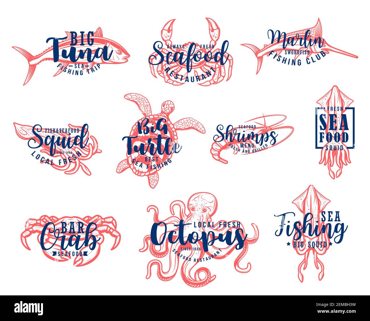 Seafood lettering, fishing club and fish market vector icons. Seafood ...