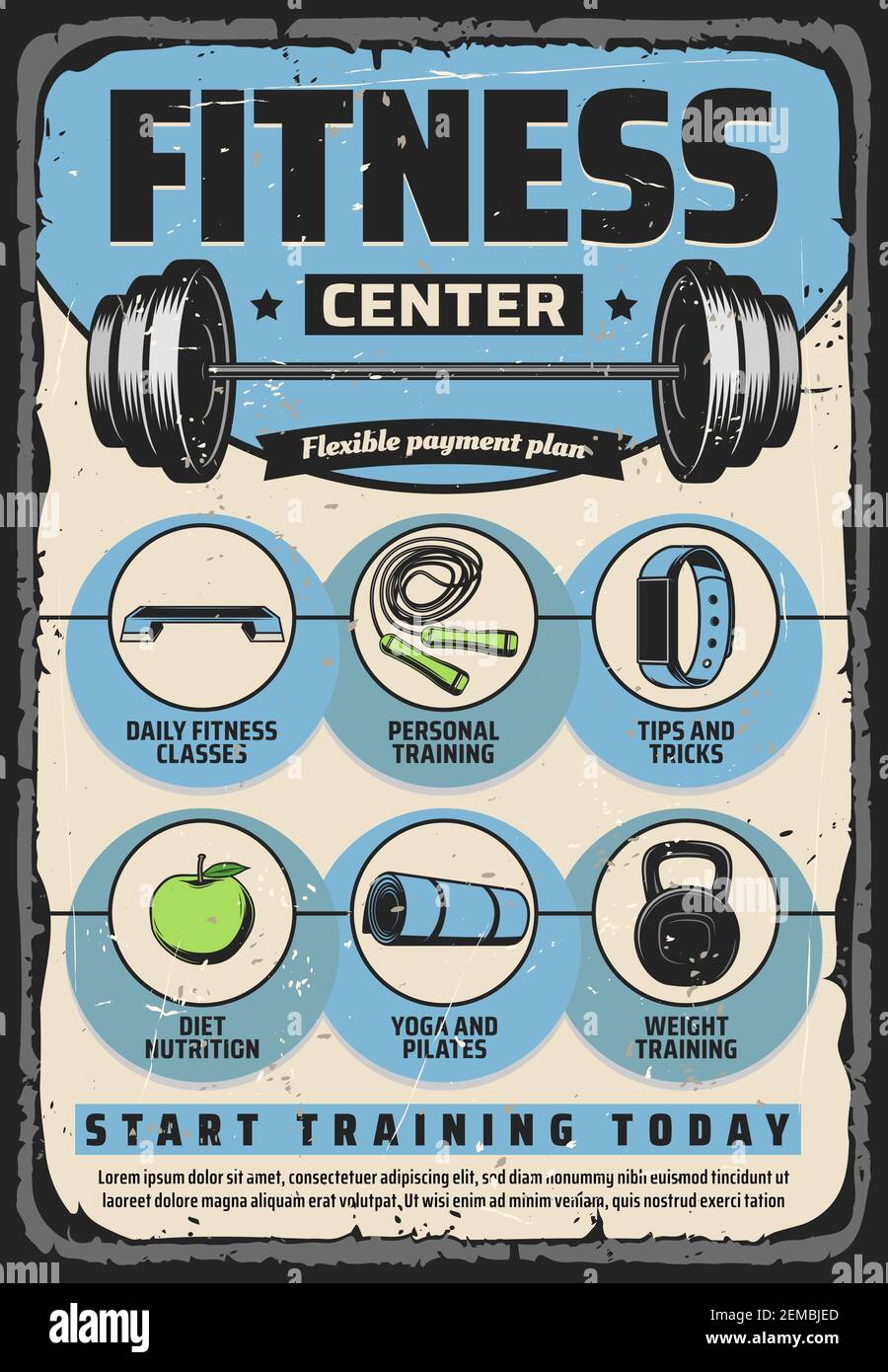 Fitness items, gym, equipment and sport health exercises, vector retro ...