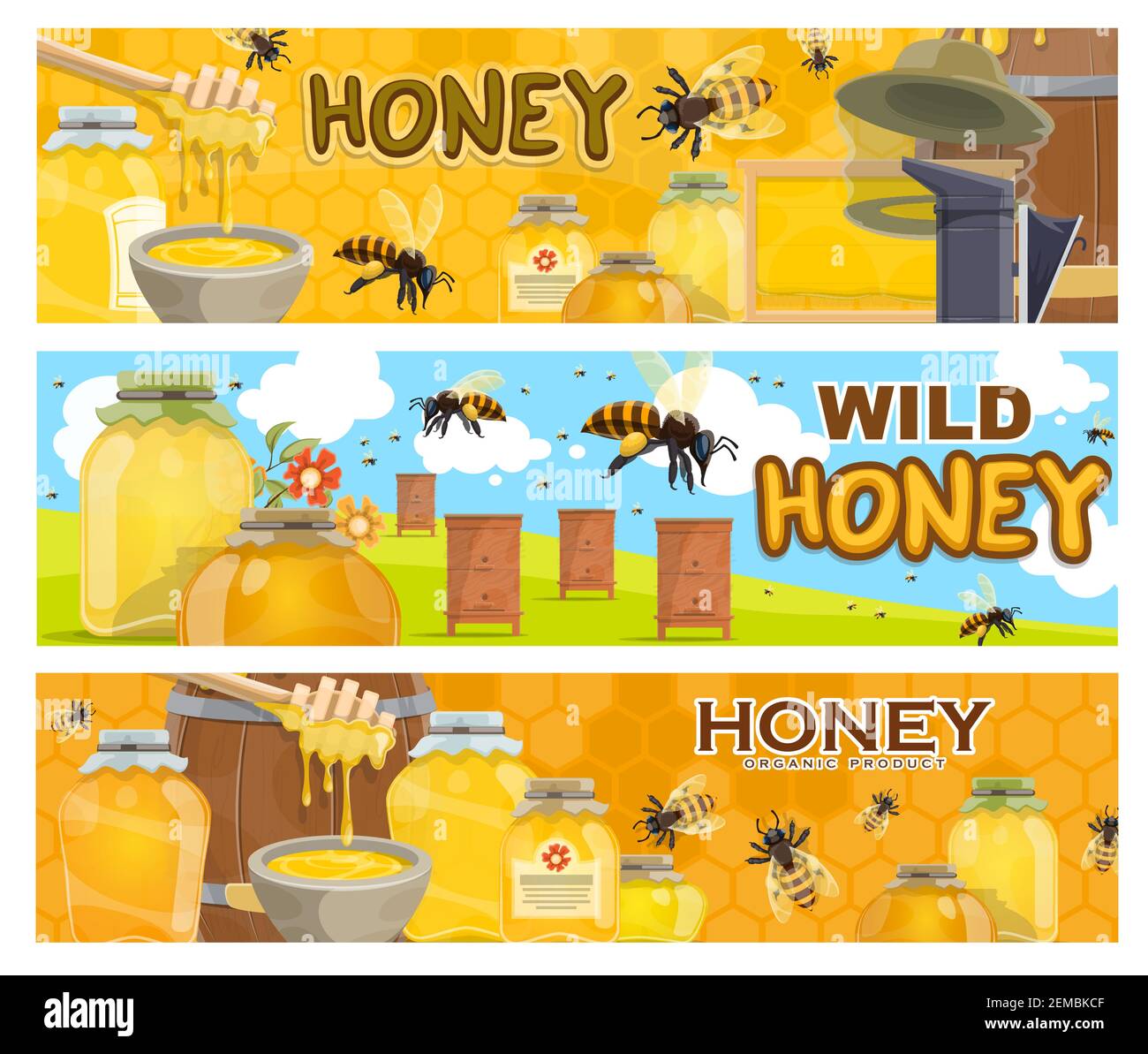 Honey, bees and apiary beehives, beekeeping farm. Vector honeycombs ...