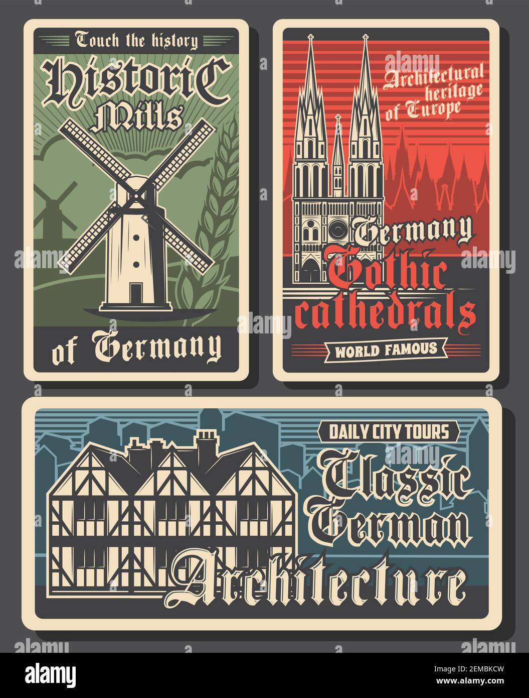 Germany travel retro posters, German landmarks and Berlin city ...