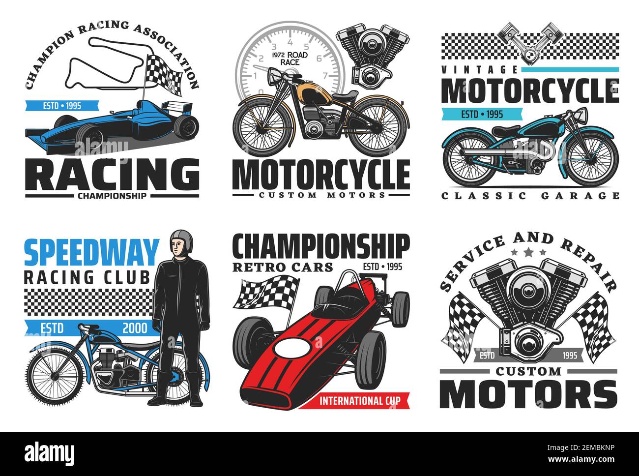 Speedway motorcycle bike races and car racing retro vector icons ...