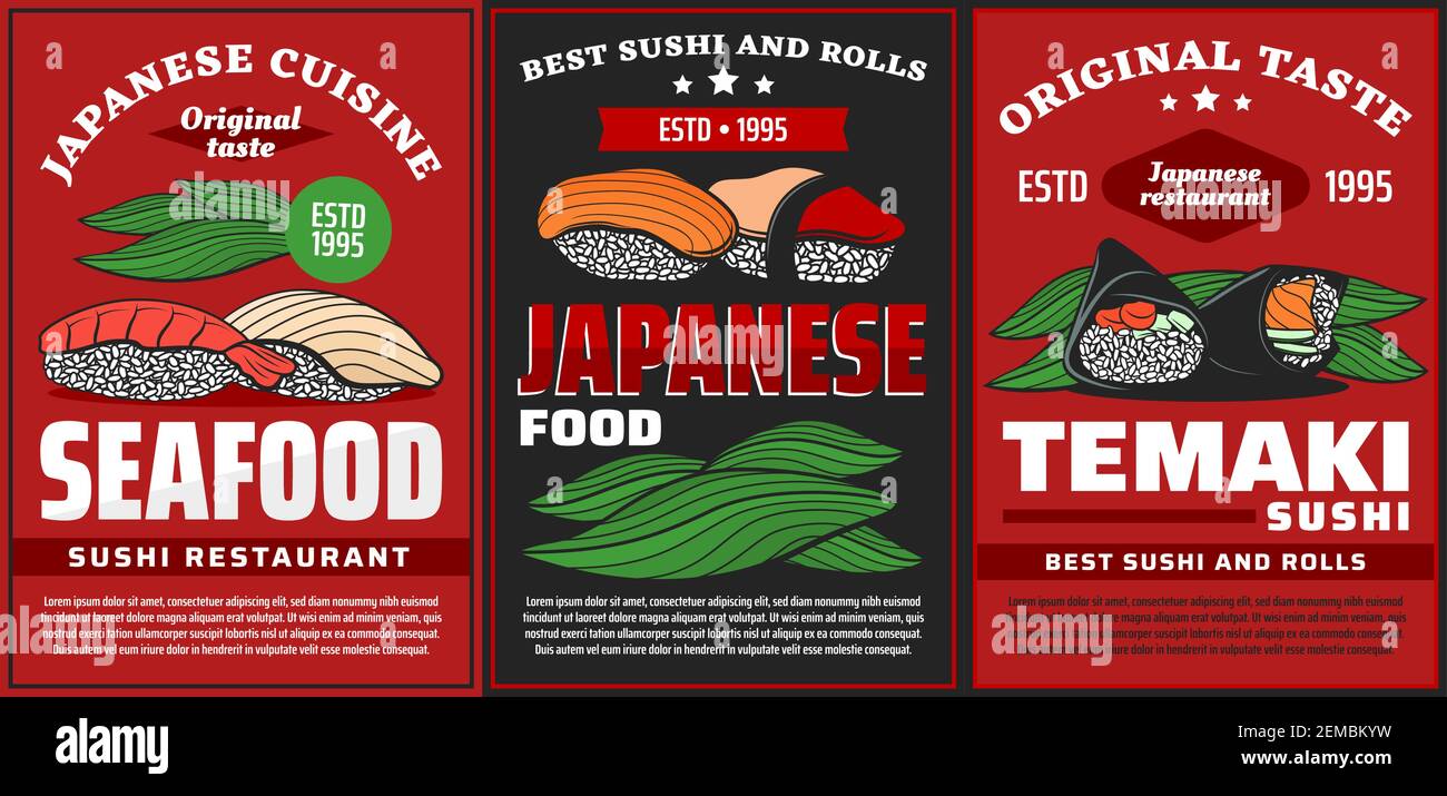 Seafood sushi and temaki, Japanese restaurant food menu, vector posters ...