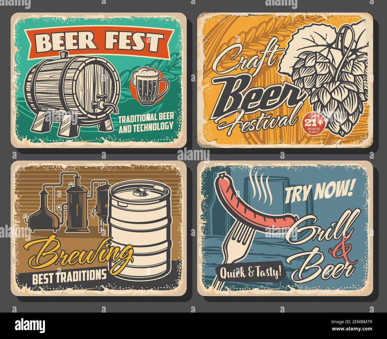 Beer brewery retro posters, alcohol drinks pub and bar, vector. Craft ...
