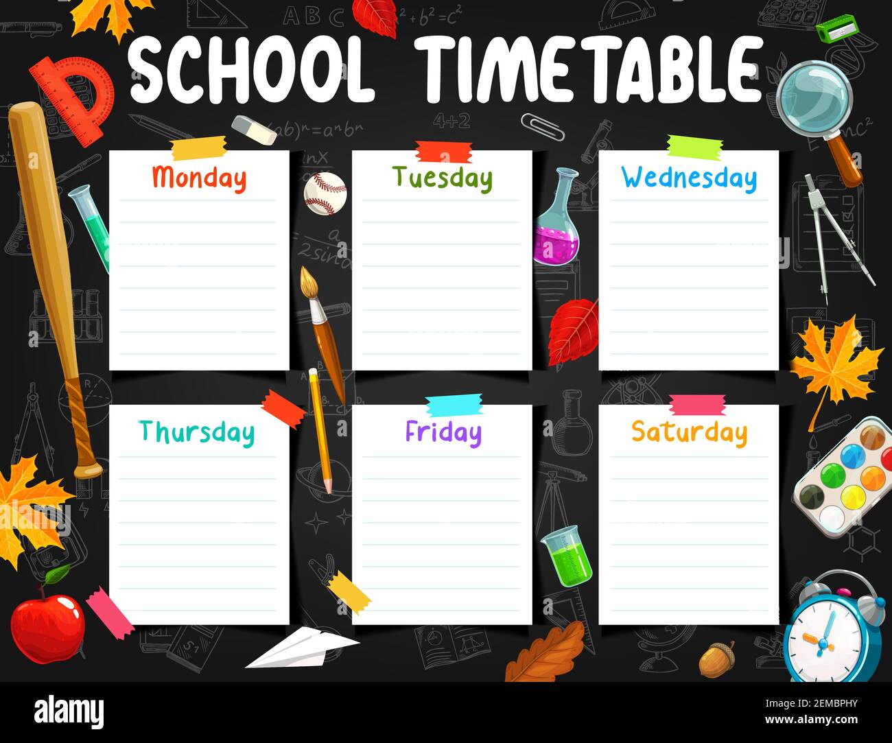 School timetable and lessons weekly planner on chalkboard with sticky ...