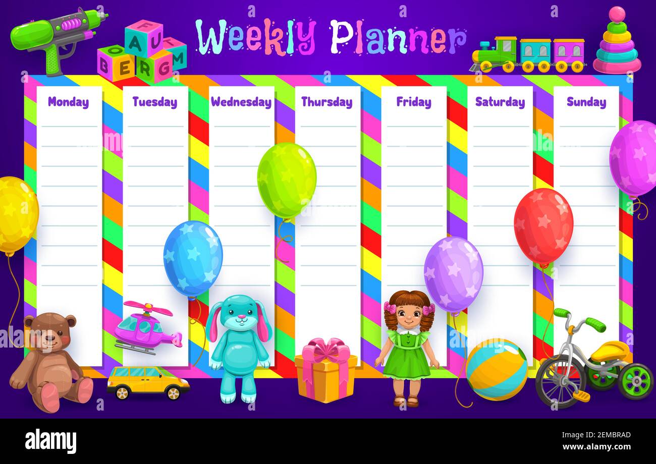 Weekly planner or timetable schedule vector template with kids toys ...