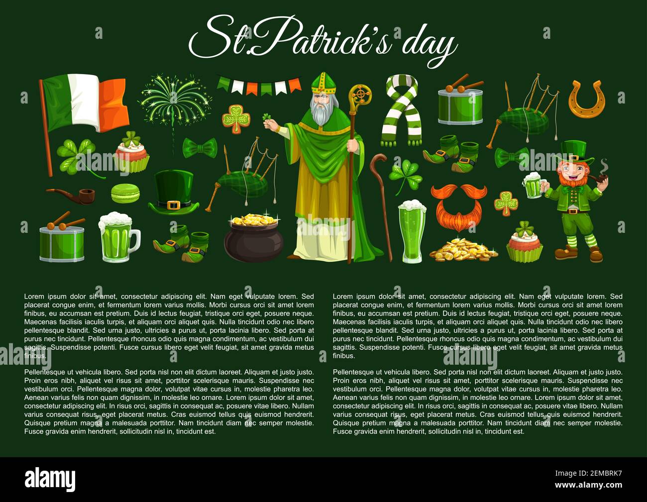 Saint Patrick with Irish religious holiday symbols. Vector leprechaun ...