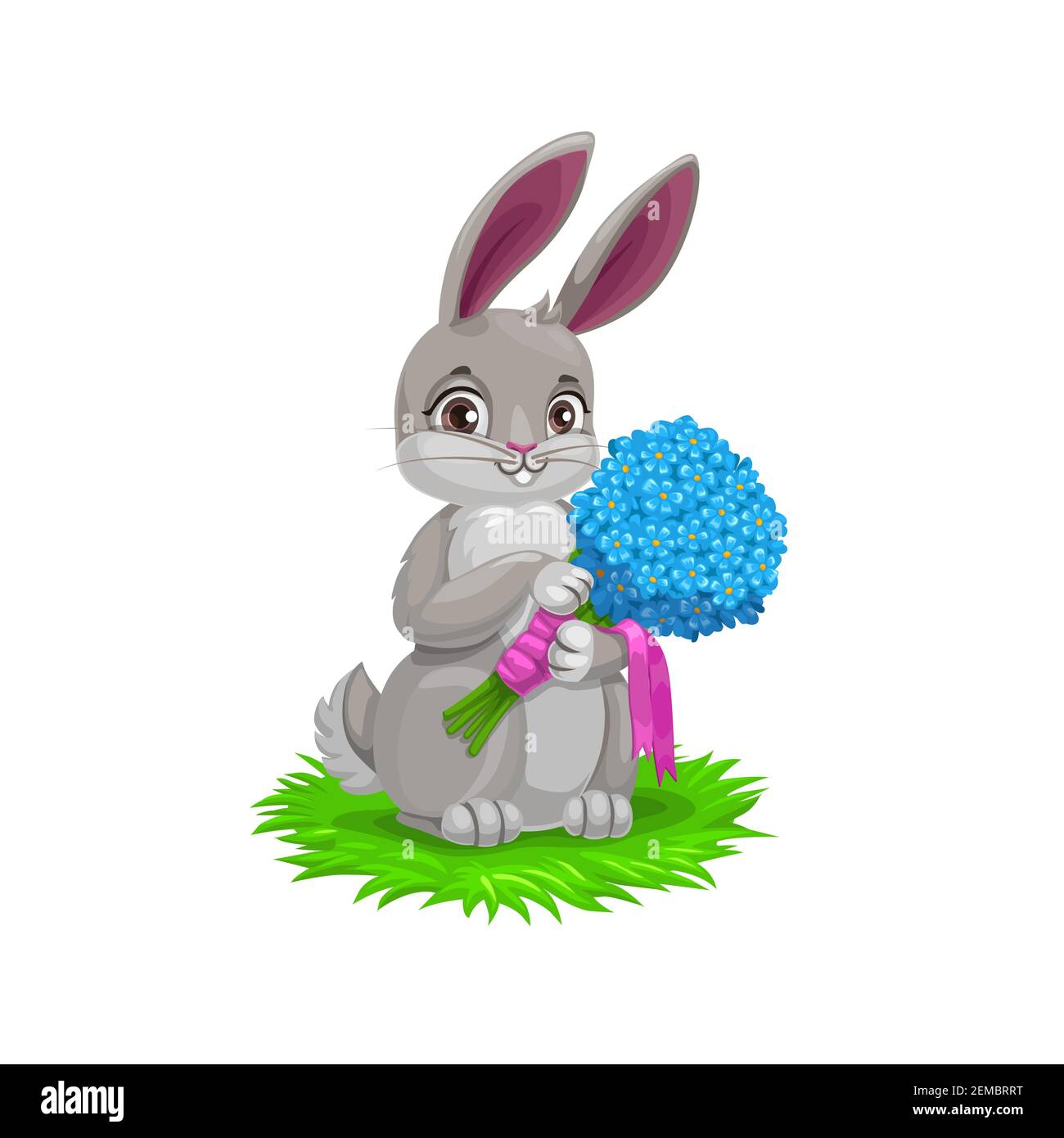 Easter bunny with flower bouquet, vector Easter holiday egg hunt party ...