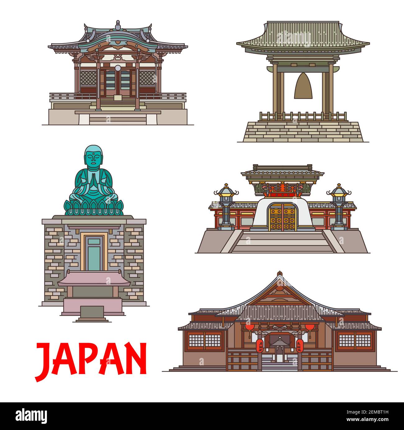 Travel landmarks of Japan vector thin line. Japanese building and ...