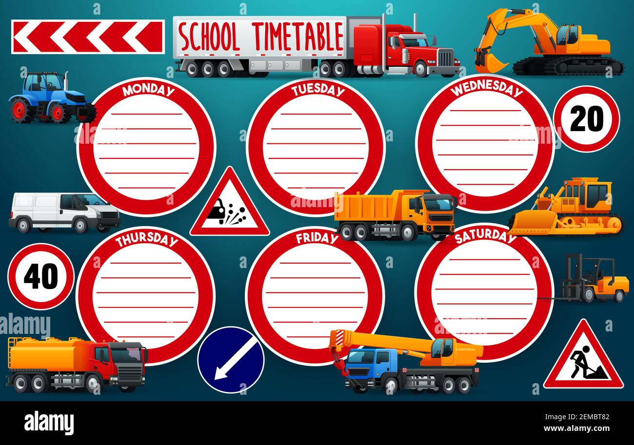 School timetable schedule vector education template with vehicles. Car ...