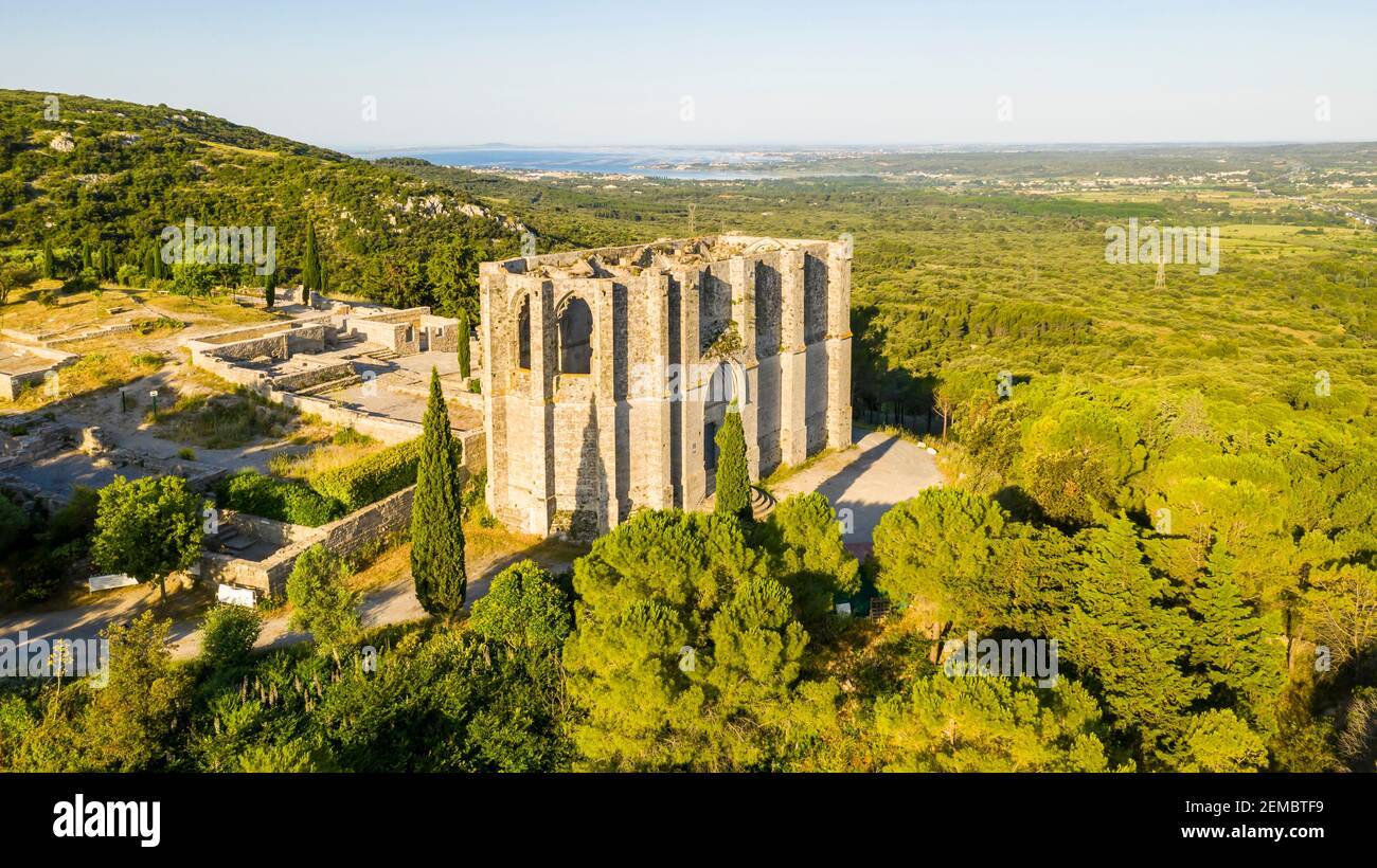 Aerial view of Saint Félix de Monceau abbey in Gigean in Hérault in ...