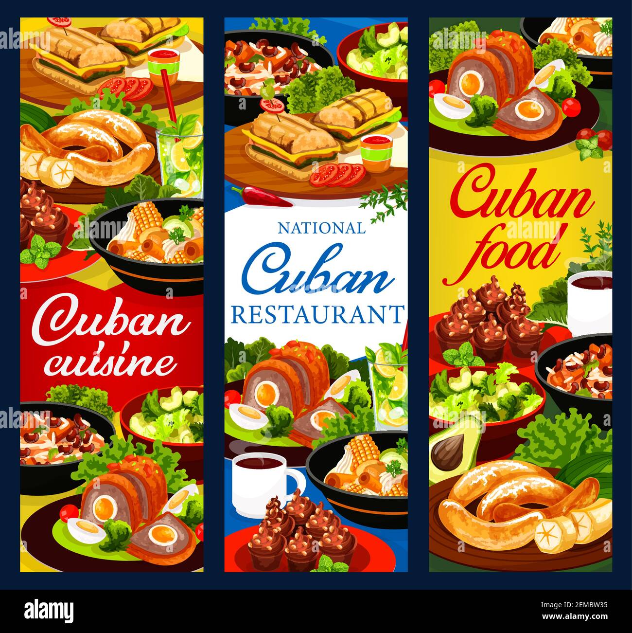 Cuban cuisine vector banners. Cuban food restaurant posters. Fried ...