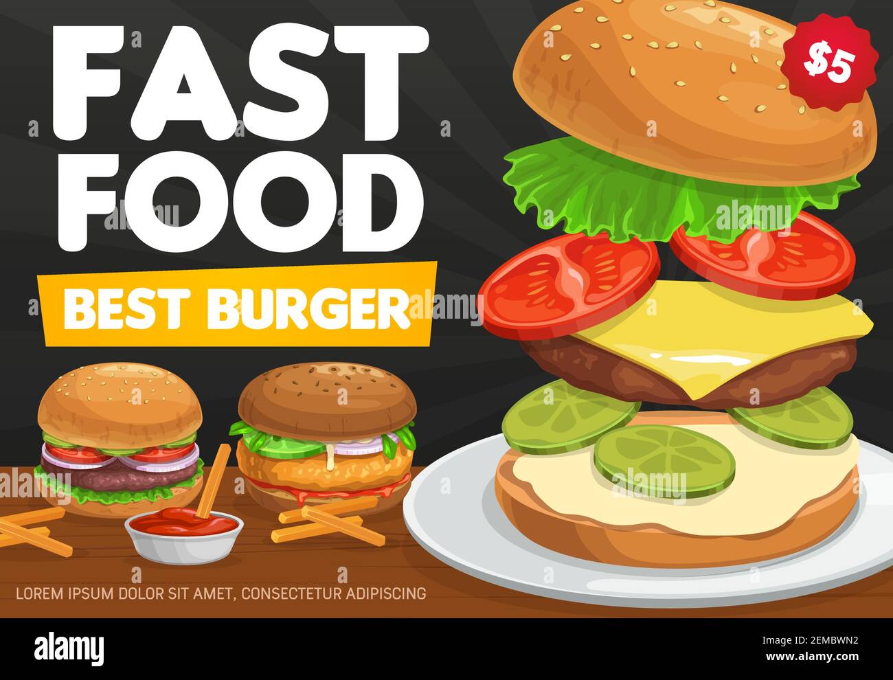 Burgers, hamburger and cheeseburger vector design of fast food ...
