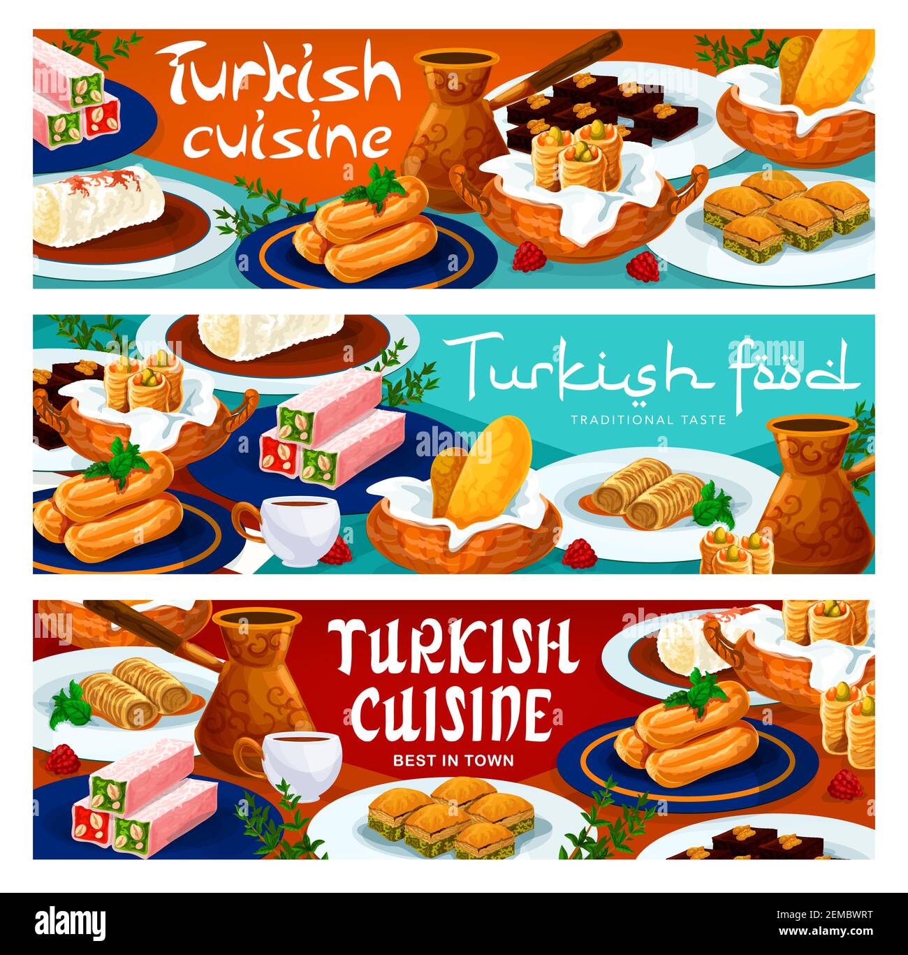 Turkish cuisine food menu desserts and sweets, vector Turkish meals ...