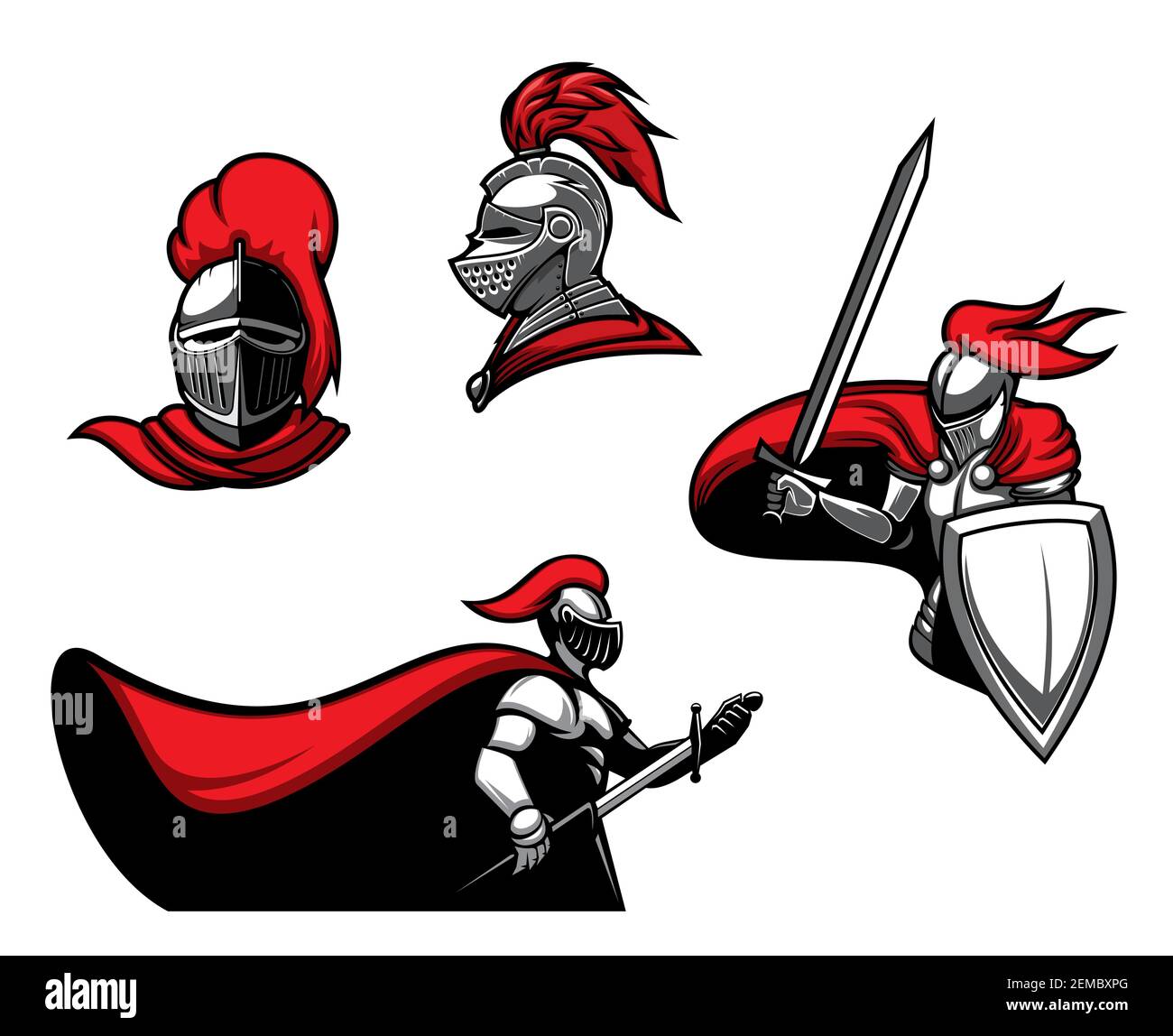 Medieval knights with swords, vector heraldic icons. Roman warrior or ...