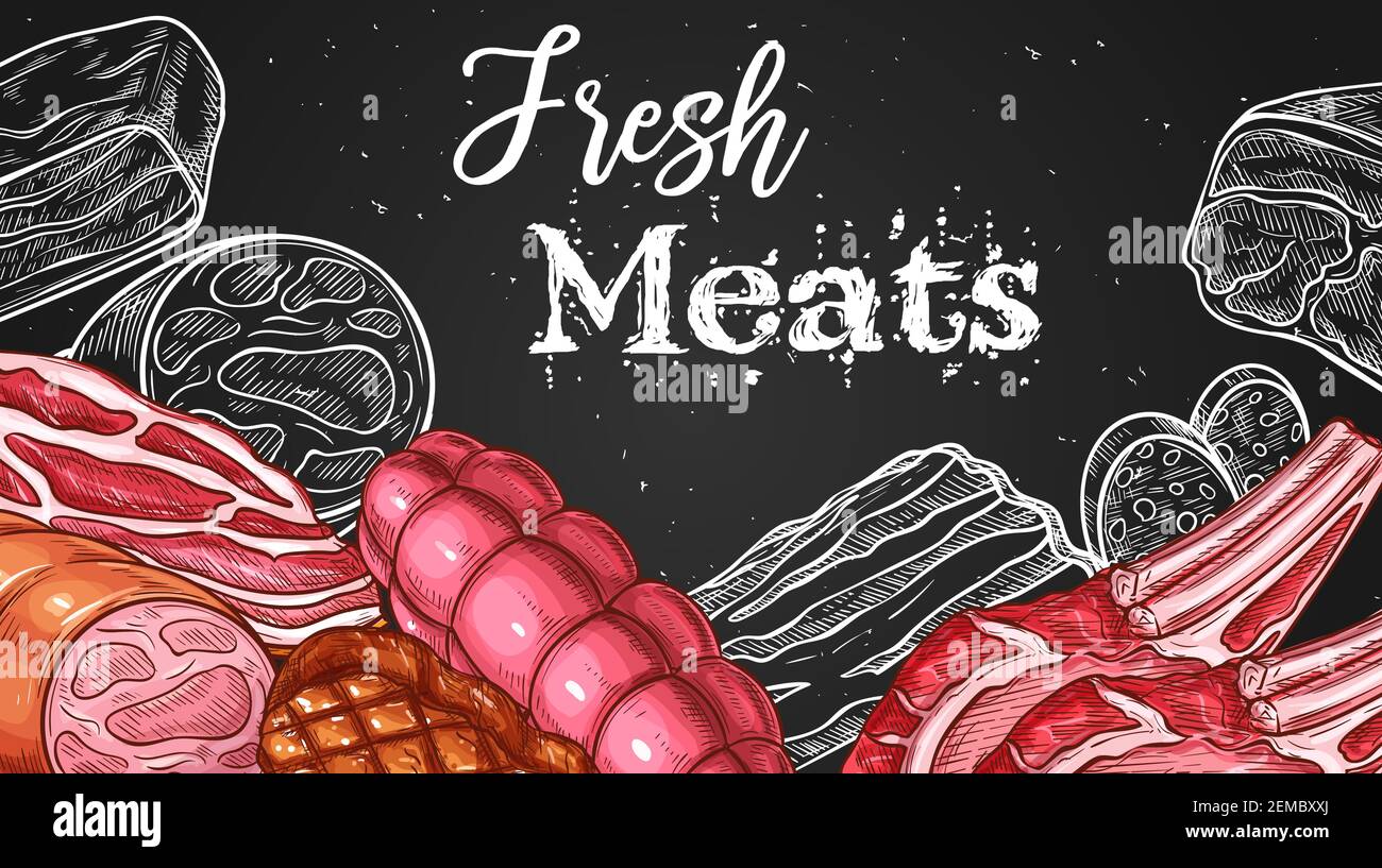 Meat chalkboard sketch butchery shop food products and sausages ...