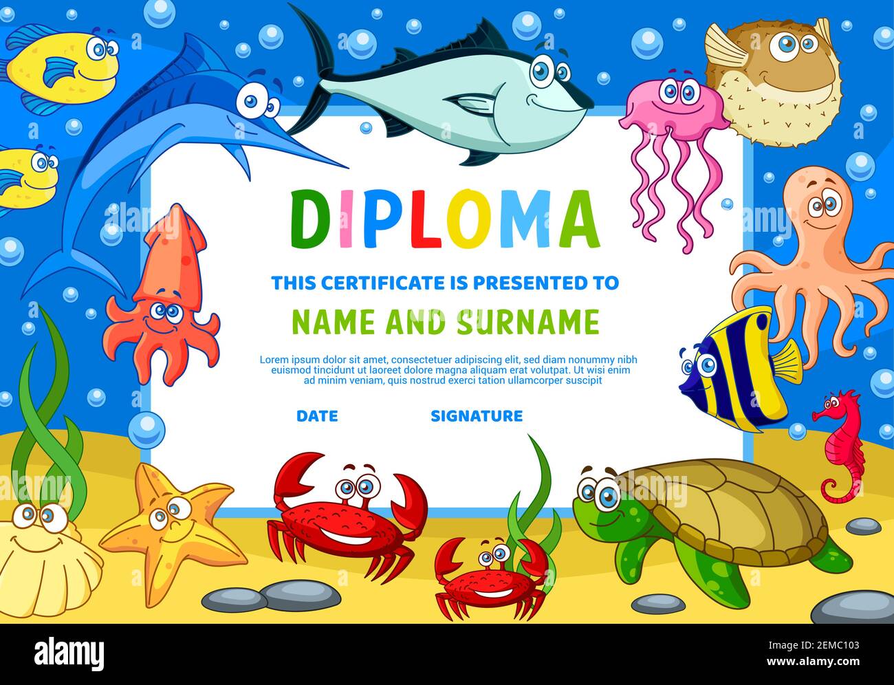 Kids diploma with underwater animals. Kindergarten education ...