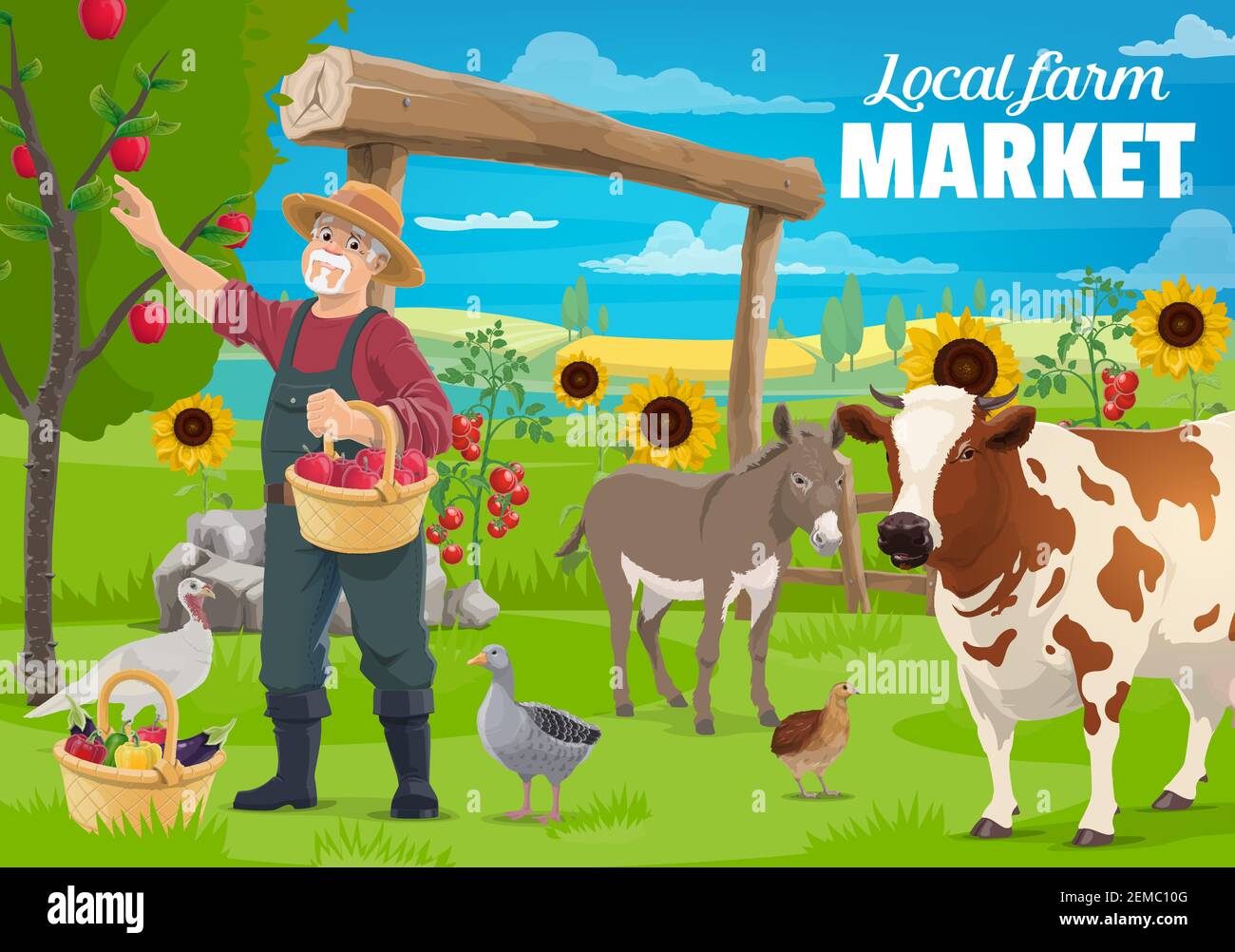 Gardening and farming, farmer and farm animals, cow cattle and poultry ...