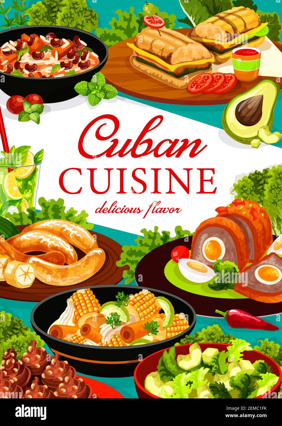 Cuban cuisine vector poster. Cuban restaurant meat meals and veggie ...