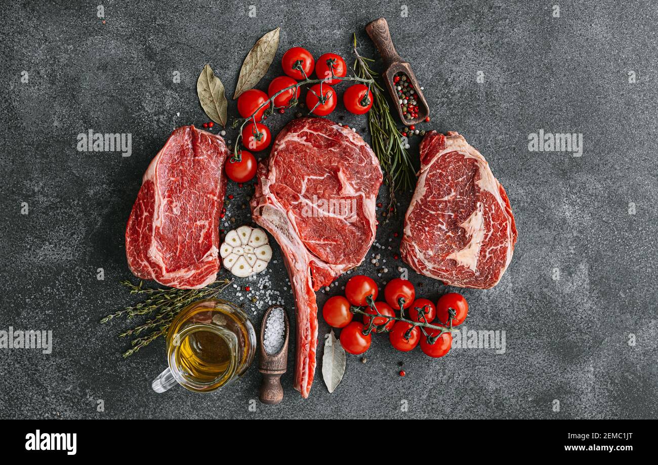 Fresh raw Prime Black Angus beef steaks. Variety of raw beef meat ...