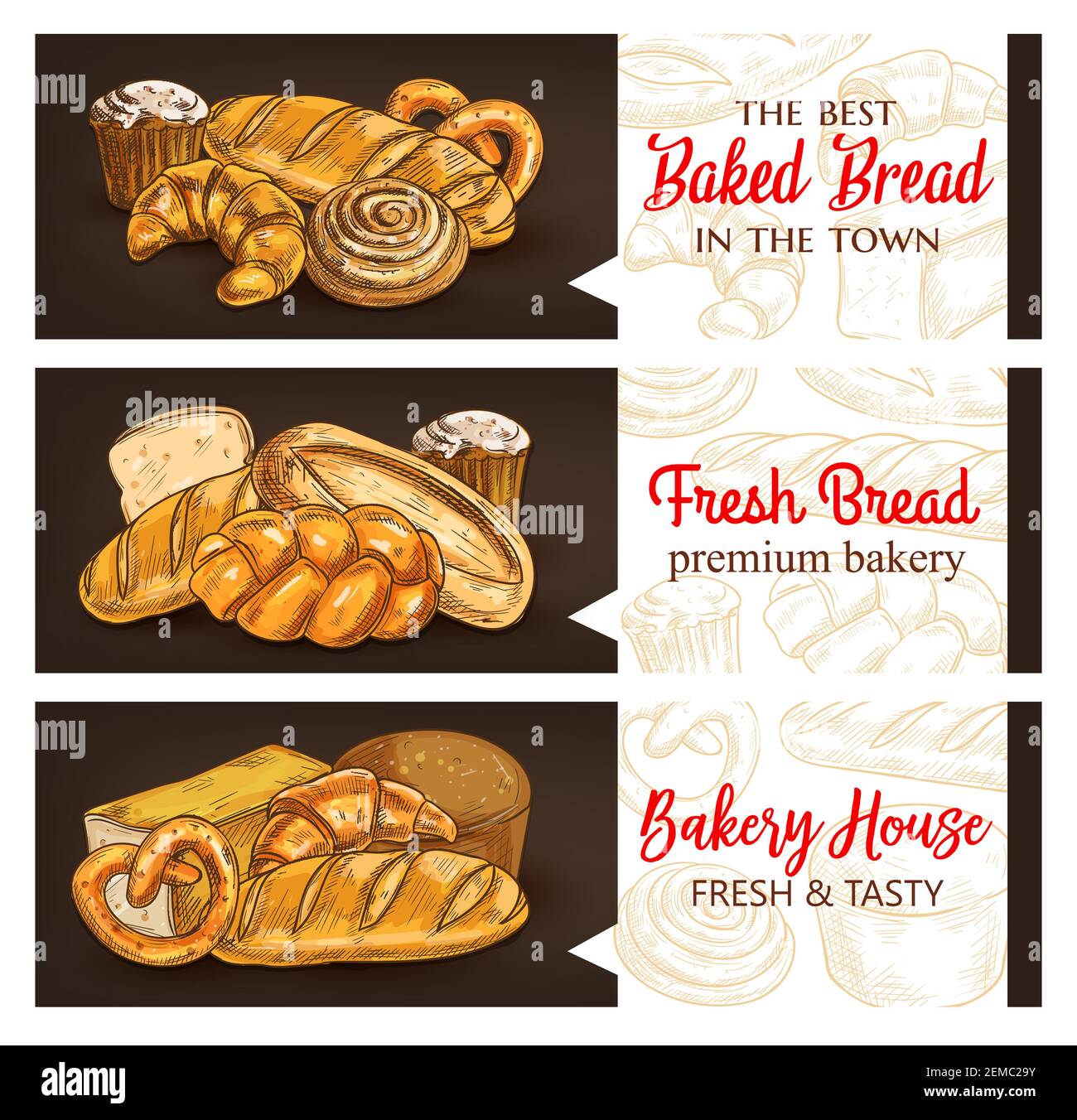 Bakery and bread products sketch vector banners. Bakery shop whole ...