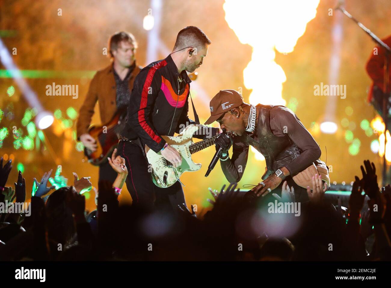Adam Levine and Maroon 5 with Travis Scott perform during the Super ...