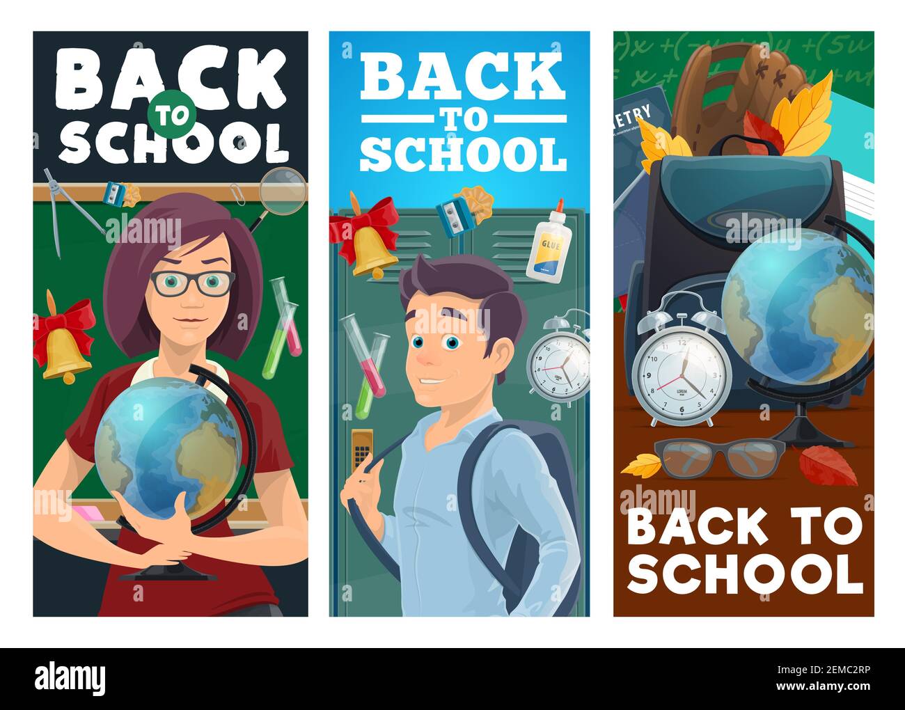 School education vector banners. Cartoon teacher woman holding a globe ...