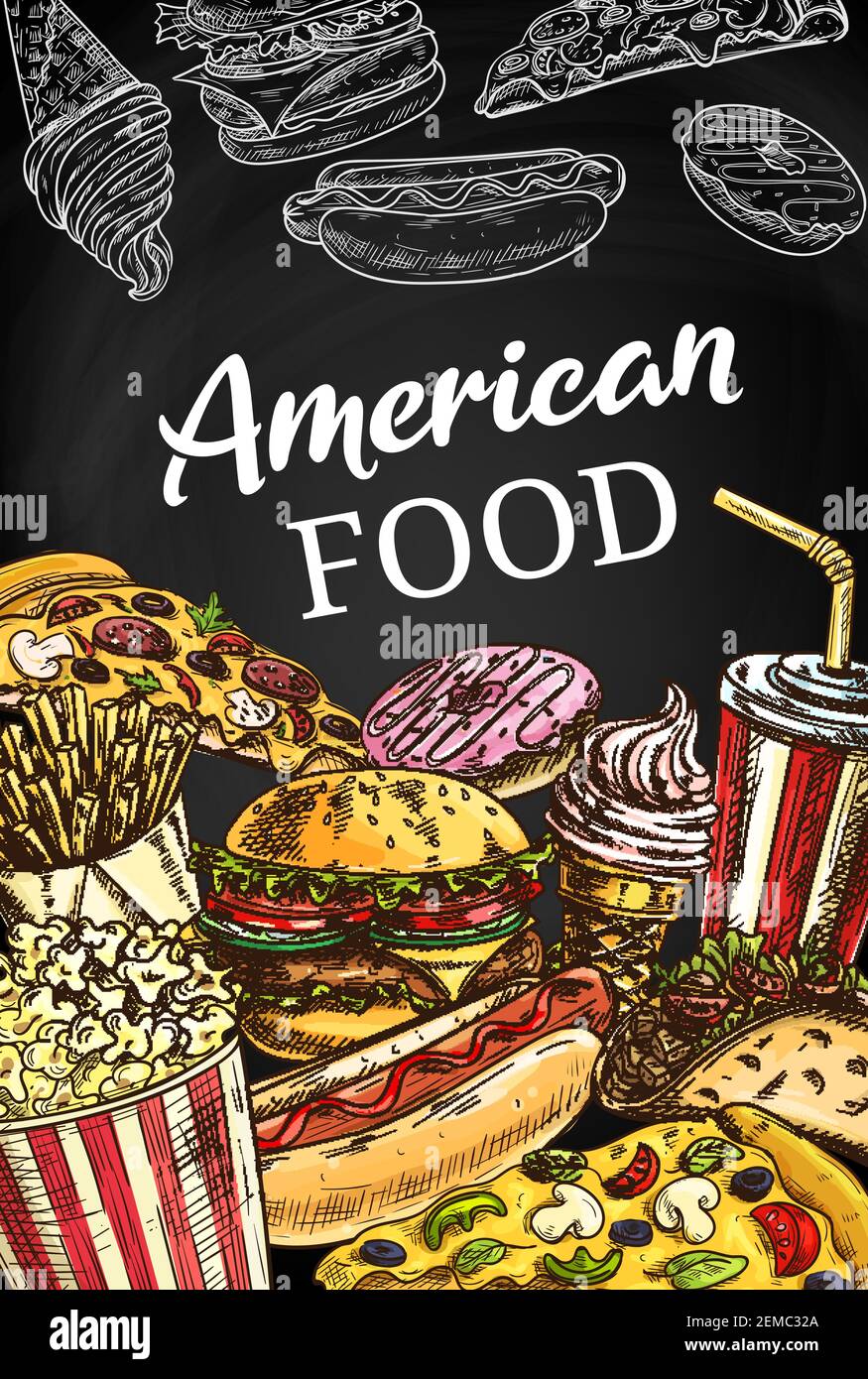 American fastfood poster, sketch takeaway fast food vector burger, hot ...