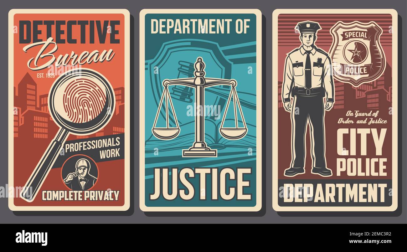 Detective, police and justice department, vector vintage posters ...